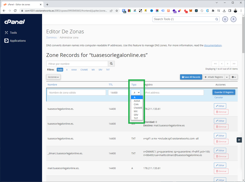 Configurar DNS y editar registros DNS en cPanel